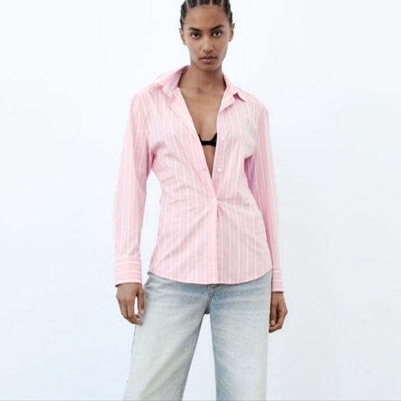 Zara | Tops | Nwt Zara Poplin Blush Pink Striped Fitted Button Down Shirt Top | Poshmark